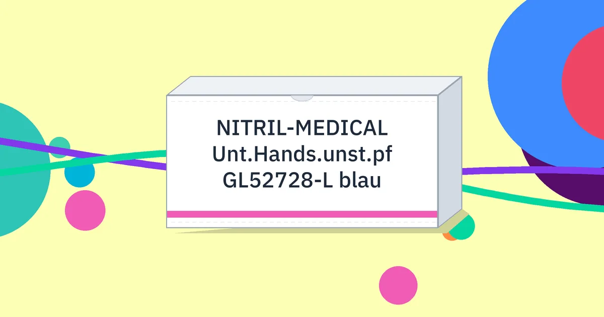 Symbolbild: Packung mit der Aufschrift NITRIL-MEDICAL Unt.Hands.unst.pf GL52728-L blau (PZN 18408345) – Verfügbarkeit und Bezug in Apotheken in Frankfurt am Main
