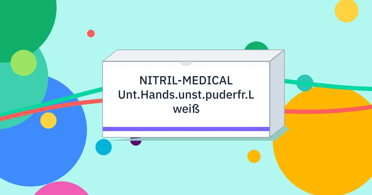 Symbolbild: Packung mit der Aufschrift NITRIL-MEDICAL Unt.Hands.unst.puderfr.L weiß (PZN 18408291) – Verfügbarkeit und Bezug in Apotheken in Frankfurt am Main