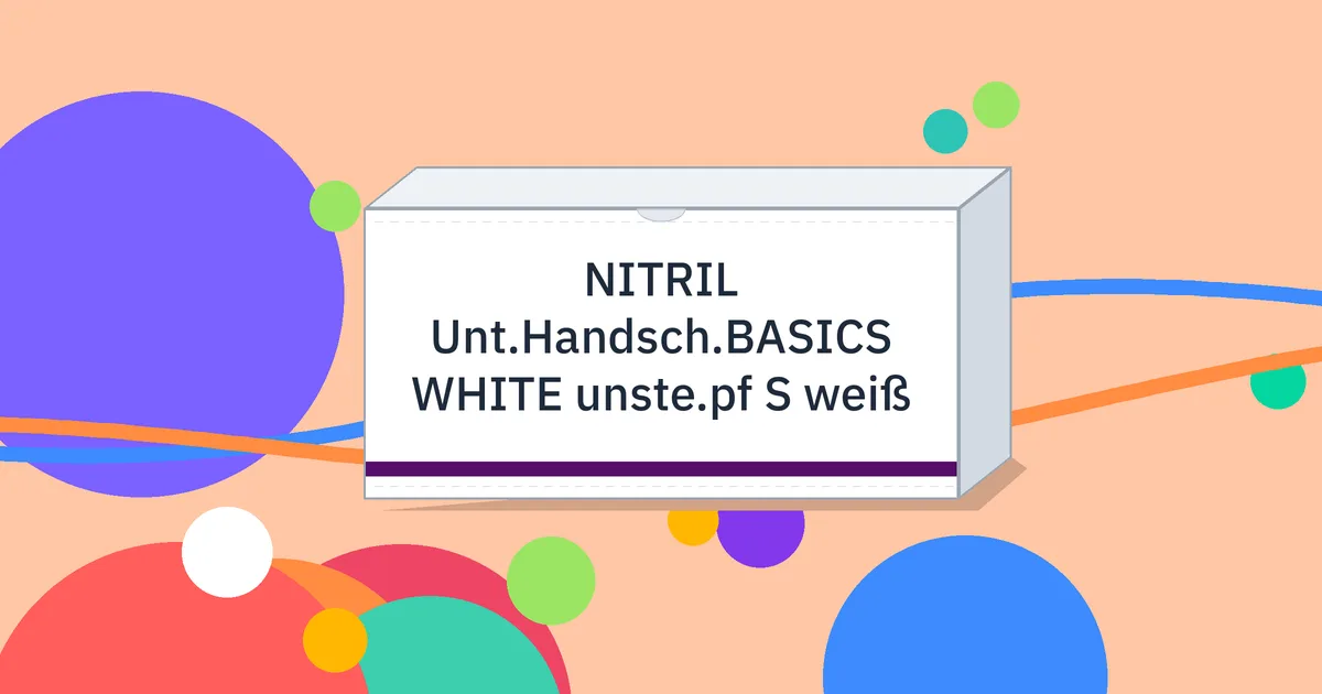 Symbolbild: Packung mit der Aufschrift NITRIL Unt.Handsch.BASICS WHITE unste.pf S weiß (PZN 12573095) – Verfügbarkeit und Bezug in Apotheken in Frankfurt am Main