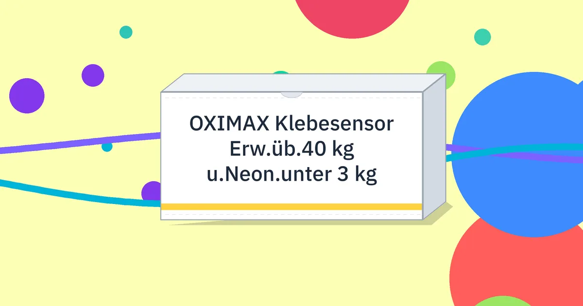 Symbolbild: Packung mit der Aufschrift OXIMAX Klebesensor Erw.üb.40 kg u.Neon.unter 3 kg (PZN 03487563) – Verfügbarkeit und Bezug in Apotheken in Frankfurt am Main