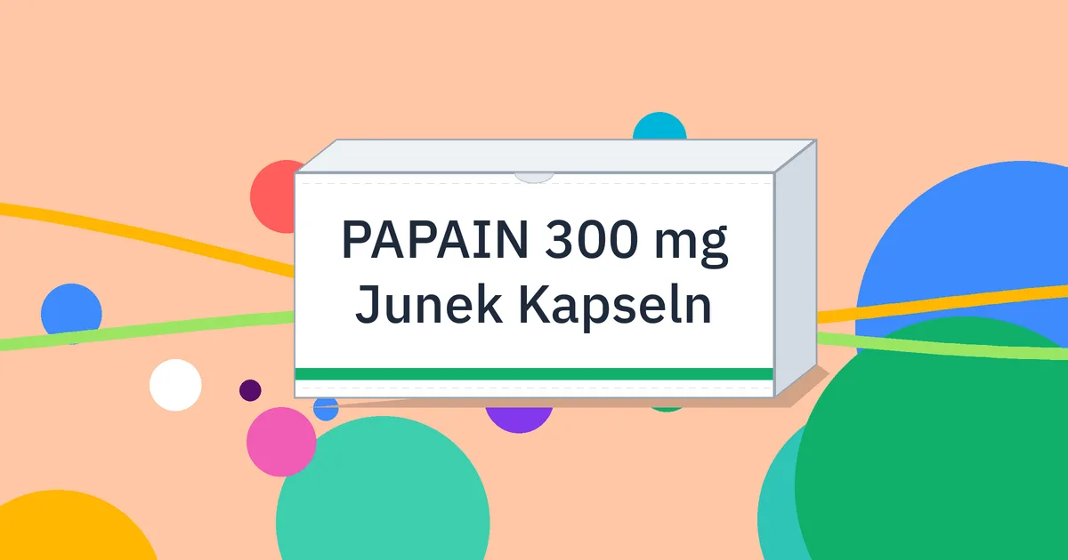 Symbolbild: Packung mit der Aufschrift PAPAIN 300 mg Junek Kapseln (PZN 03497277) – Verfügbarkeit und Bezug in Apotheken in Frankfurt am Main
