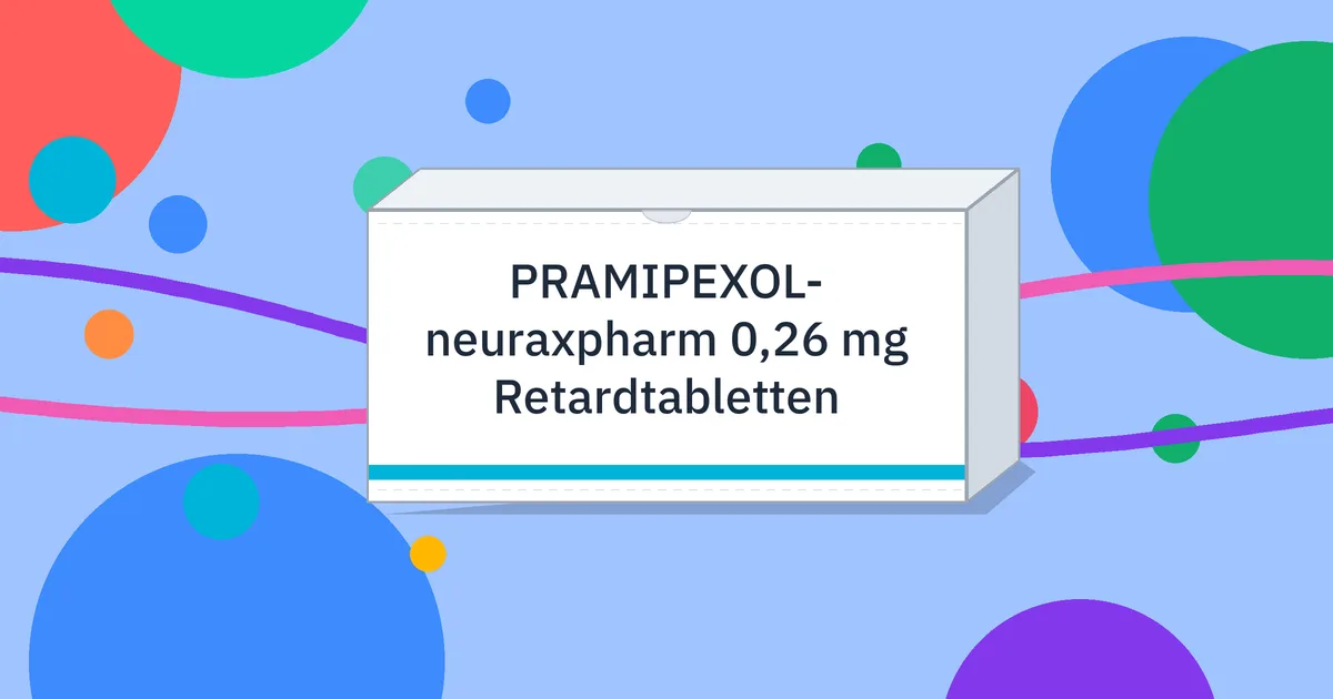 Symbolbild: Packung mit der Aufschrift PRAMIPEXOL-neuraxpharm 0,26 mg Retardtabletten (PZN 12419833) – Verfügbarkeit und Bezug in Apotheken in Frankfurt am Main