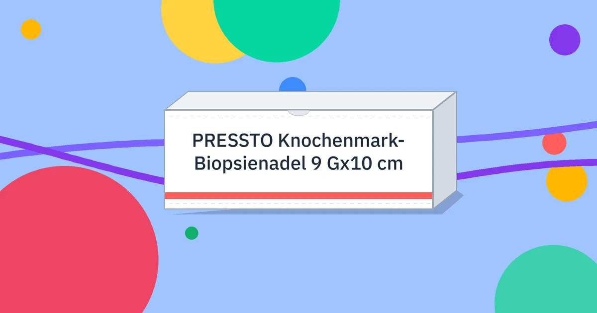 Symbolbild: Packung mit der Aufschrift PRESSTO Knochenmark-Biopsienadel 9 Gx10 cm (PZN 14384139) – Verfügbarkeit und Bezug in Apotheken in Frankfurt am Main