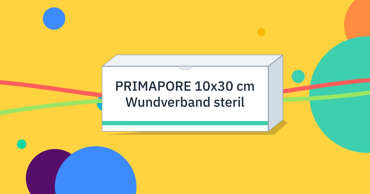 Symbolbild: Packung mit der Aufschrift PRIMAPORE 10x30 cm Wundverband steril (PZN 09204690) – Verfügbarkeit und Bezug in Apotheken in Frankfurt am Main