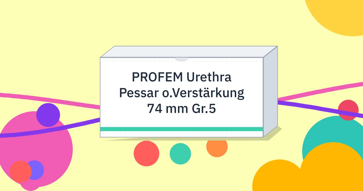 Symbolbild: Packung mit der Aufschrift PROFEM Urethra Pessar o.Verstärkung 74 mm Gr.5 (PZN 11673363) – Verfügbarkeit und Bezug in Apotheken in Frankfurt am Main