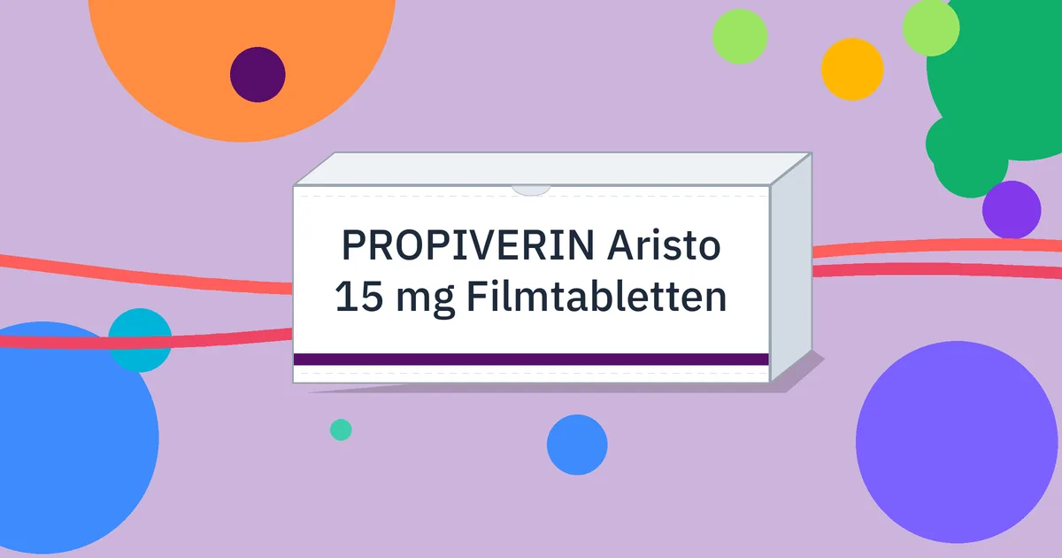 Symbolbild: Packung mit der Aufschrift PROPIVERIN Aristo 15 mg Filmtabletten (PZN 07795451) – Verfügbarkeit und Bezug in Apotheken in Frankfurt am Main