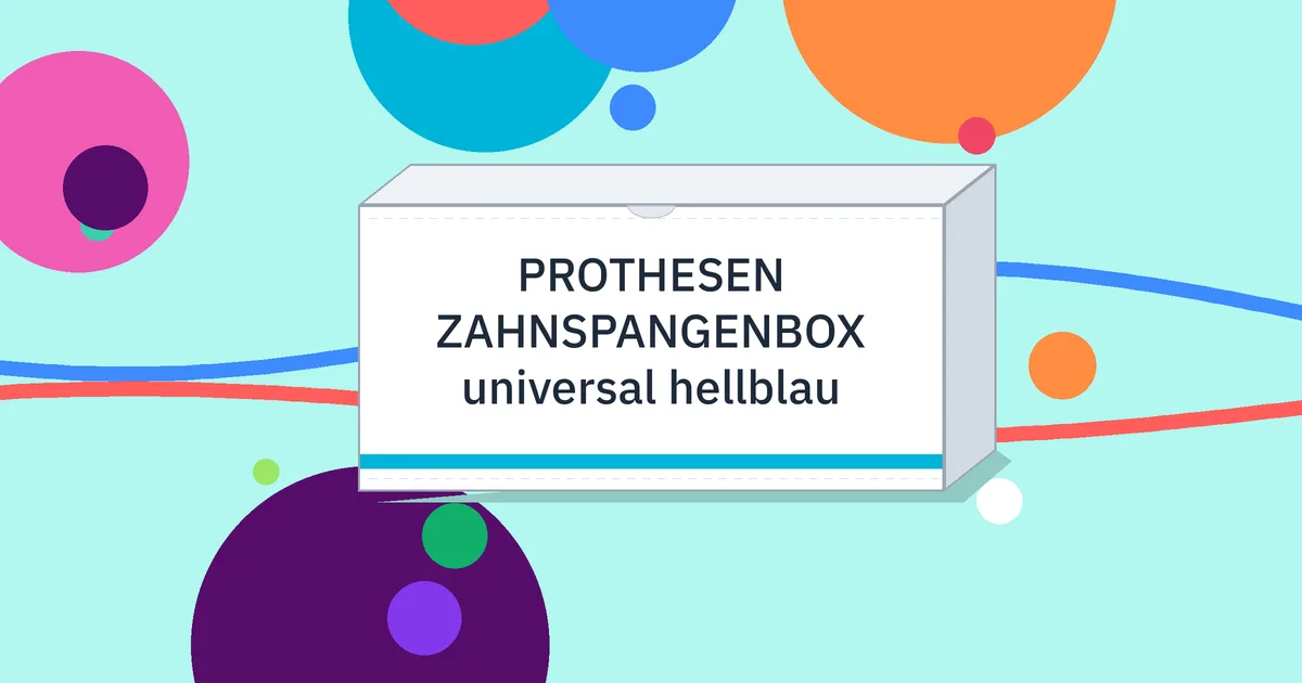 Symbolbild: Packung mit der Aufschrift PROTHESEN ZAHNSPANGENBOX universal hellblau (PZN 03150622) – Verfügbarkeit und Bezug in Apotheken in Frankfurt am Main