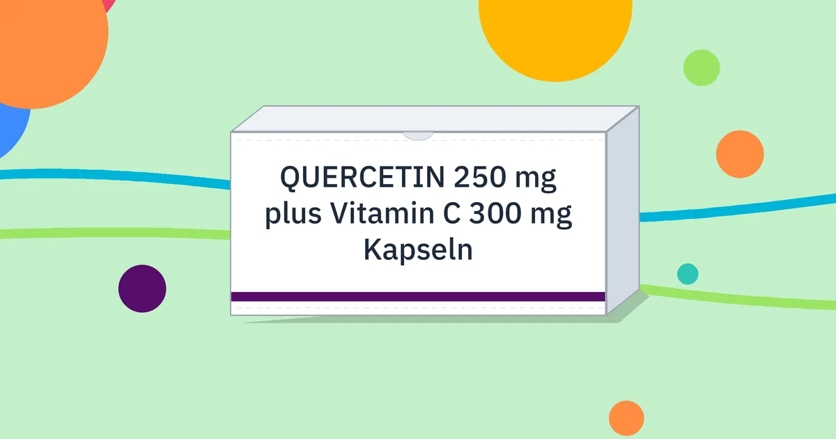 Symbolbild: Packung mit der Aufschrift QUERCETIN 250 mg plus Vitamin C 300 mg Kapseln (PZN 09428314) – Verfügbarkeit und Bezug in Apotheken in Frankfurt am Main