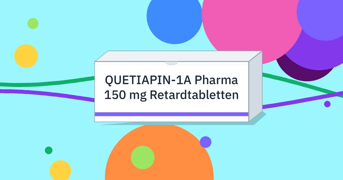Symbolbild: Packung mit der Aufschrift QUETIAPIN-1A Pharma 150 mg Retardtabletten (PZN 11192066) – Verfügbarkeit und Bezug in Apotheken in Frankfurt am Main