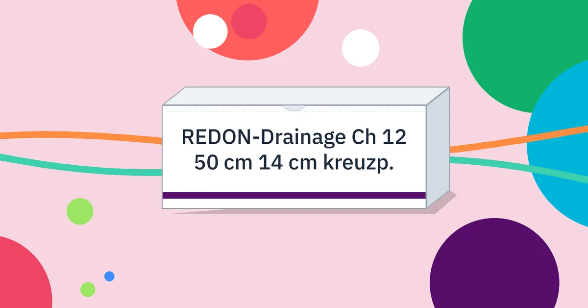 Symbolbild: Packung mit der Aufschrift REDON-Drainage Ch 12 50 cm 14 cm kreuzp. (PZN 17483824) – Verfügbarkeit und Bezug in Apotheken in Frankfurt am Main