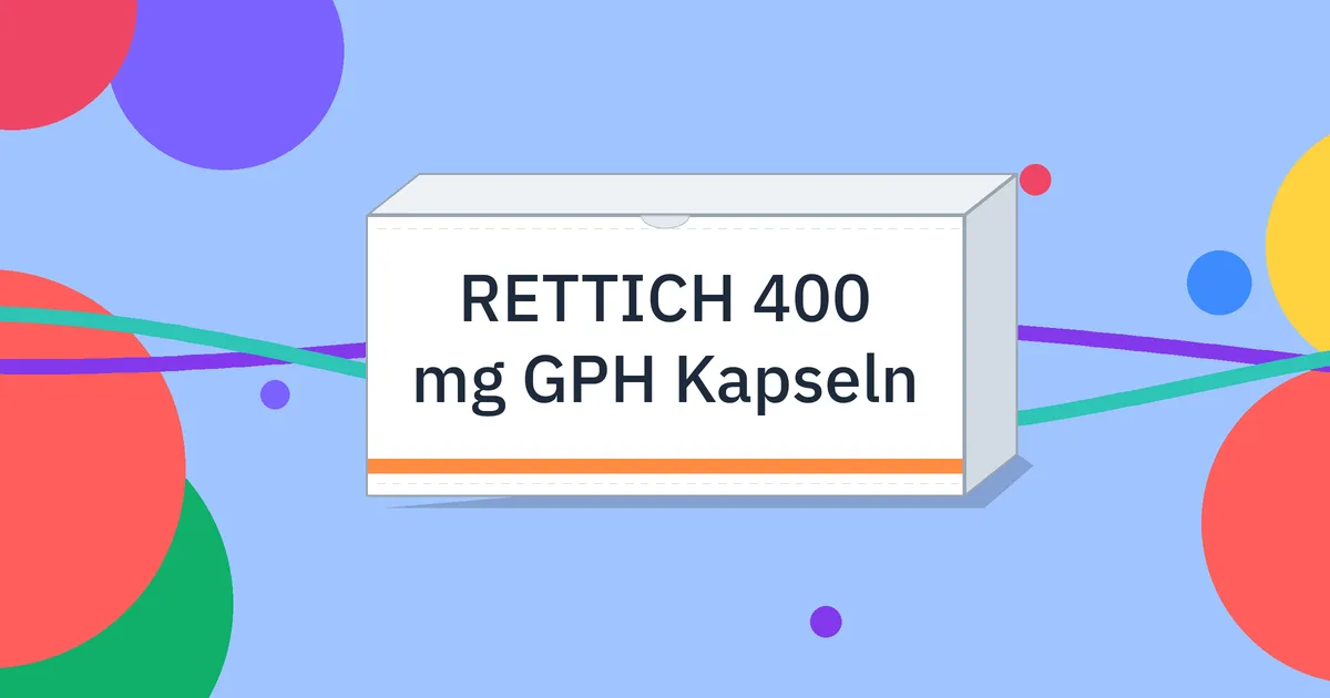 Symbolbild: Packung mit der Aufschrift RETTICH 400 mg GPH Kapseln (PZN 00129627) – Verfügbarkeit und Bezug in Apotheken in Frankfurt am Main