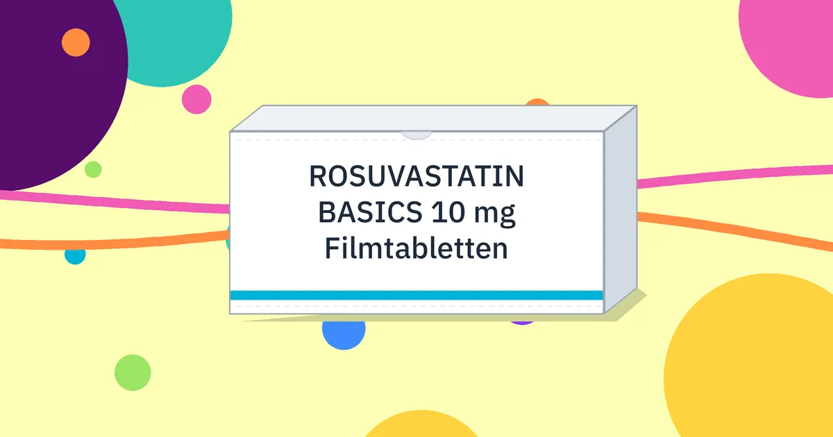 Symbolbild: Packung mit der Aufschrift ROSUVASTATIN BASICS 10 mg Filmtabletten (PZN 19621331) – Verfügbarkeit und Bezug in Apotheken in Frankfurt am Main