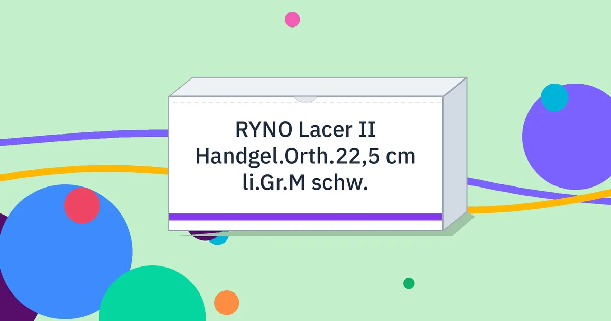 Symbolbild: Packung mit der Aufschrift RYNO Lacer II Handgel.Orth.22,5 cm li.Gr.M schw. (PZN 14048565) – Verfügbarkeit und Bezug in Apotheken in Frankfurt am Main