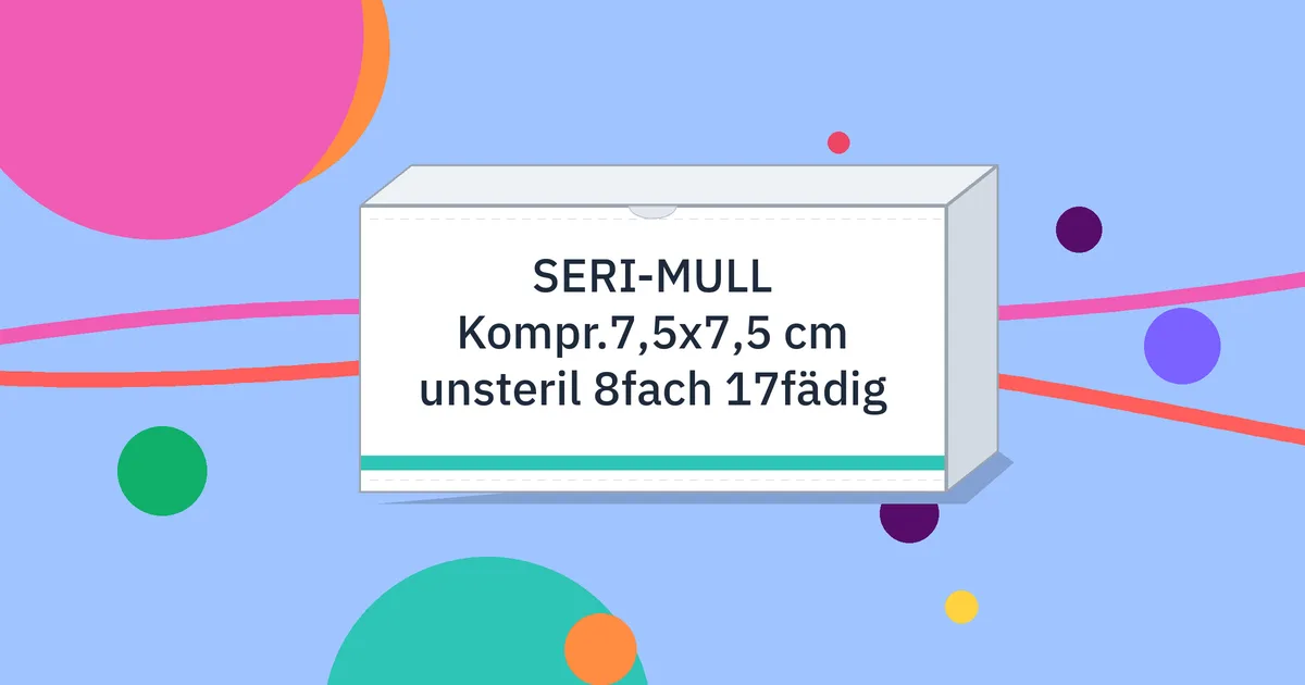 Symbolbild: Packung mit der Aufschrift SERI-MULL Kompr.7,5x7,5 cm unsteril 8fach 17fädig (PZN 14381796) – Verfügbarkeit und Bezug in Apotheken in Frankfurt am Main