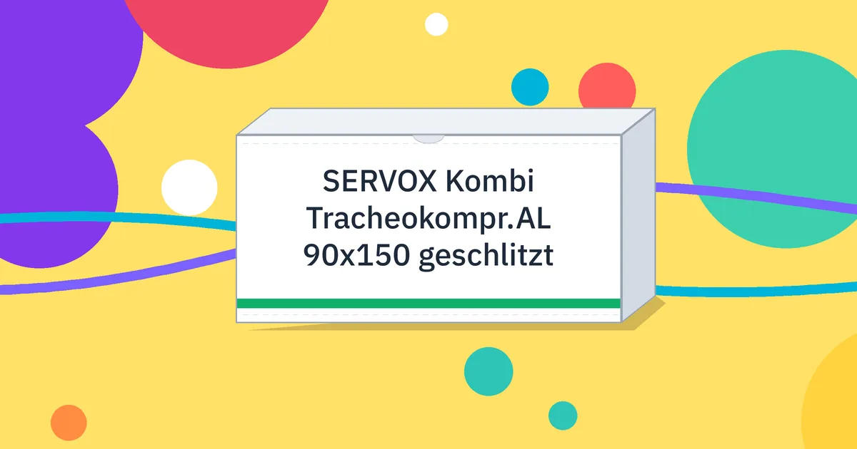 Symbolbild: Packung mit der Aufschrift SERVOX Kombi Tracheokompr.AL 90x150 geschlitzt (PZN 08848296) – Verfügbarkeit und Bezug in Apotheken in Frankfurt am Main