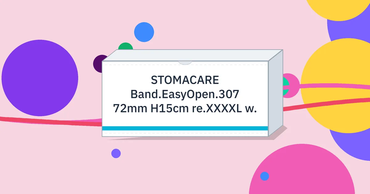 Symbolbild: Packung mit der Aufschrift STOMACARE Band.EasyOpen.307 72mm H15cm re.XXXXL w. (PZN 07665493) – Verfügbarkeit und Bezug in Apotheken in Frankfurt am Main
