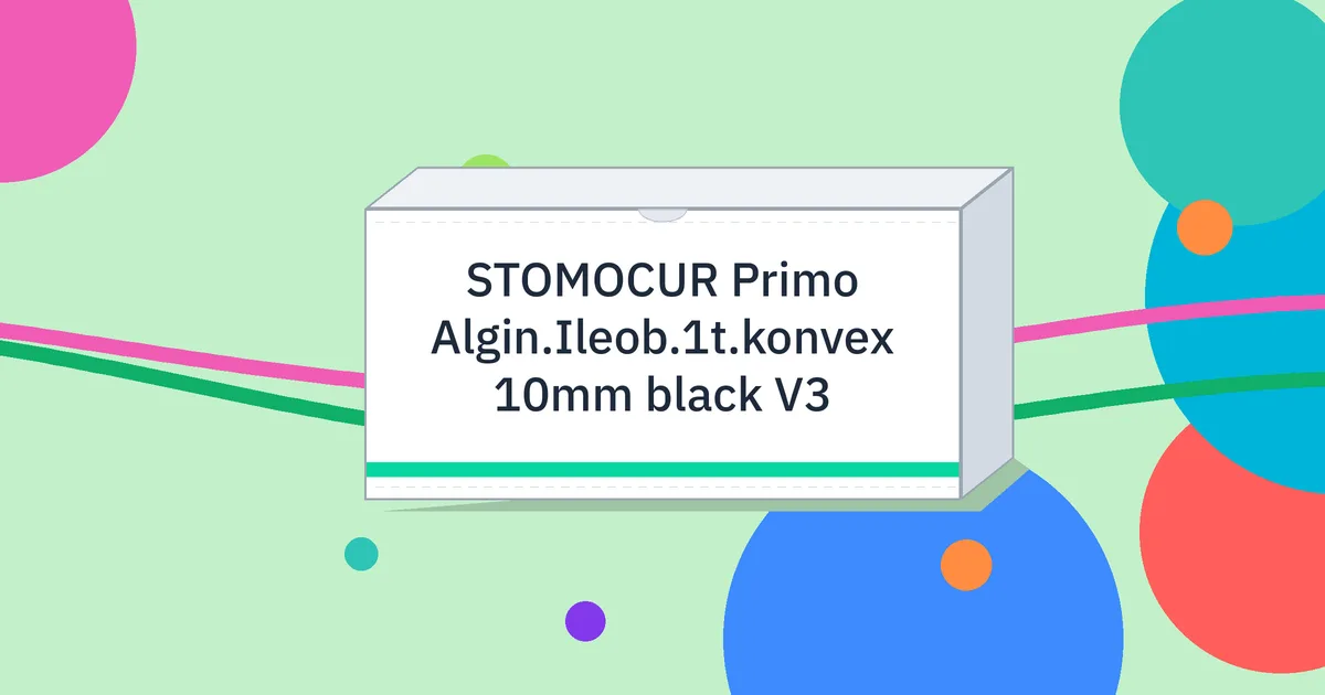 Symbolbild: Packung mit der Aufschrift STOMOCUR Primo Algin.Ileob.1t.konvex 10mm black V3 (PZN 19536795) – Verfügbarkeit und Bezug in Apotheken in Frankfurt am Main