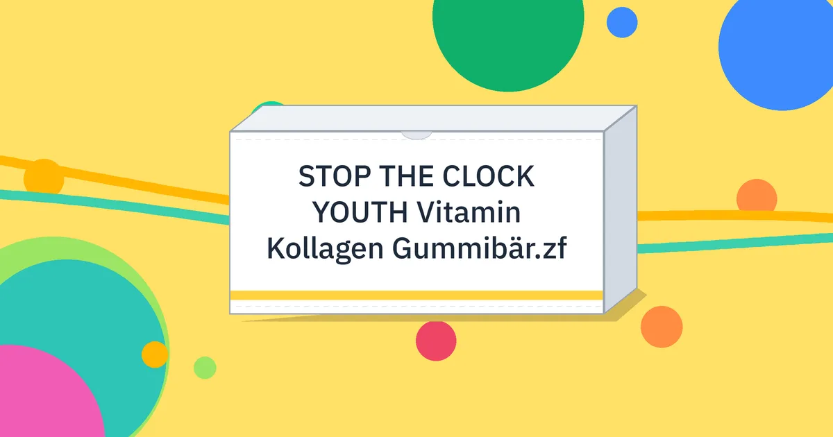 Symbolbild: Packung mit der Aufschrift STOP THE CLOCK YOUTH Vitamin Kollagen Gummibär.zf (PZN 17199359) – Verfügbarkeit und Bezug in Apotheken in Frankfurt am Main