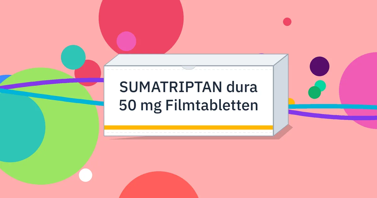 Symbolbild: Packung mit der Aufschrift SUMATRIPTAN dura 50 mg Filmtabletten (PZN 04866110) – Verfügbarkeit und Bezug in Apotheken in Frankfurt am Main