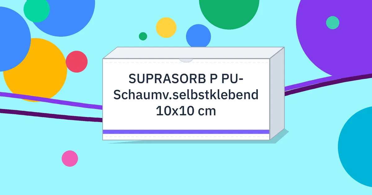 Symbolbild: Packung mit der Aufschrift SUPRASORB P PU-Schaumv.selbstklebend 10x10 cm (PZN 19503956) – Verfügbarkeit und Bezug in Apotheken in Frankfurt am Main