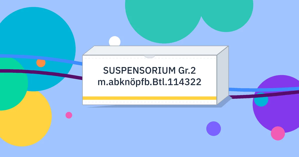 Symbolbild: Packung mit der Aufschrift SUSPENSORIUM Gr.2 m.abknöpfb.Btl.114322 (PZN 03230657) – Verfügbarkeit und Bezug in Apotheken in Frankfurt am Main