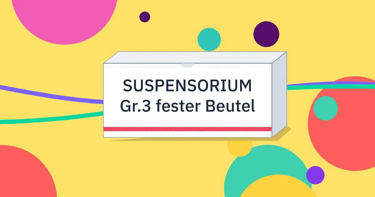 Symbolbild: Packung mit der Aufschrift SUSPENSORIUM Gr.3 fester Beutel (PZN 01739144) – Verfügbarkeit und Bezug in Apotheken in Frankfurt am Main