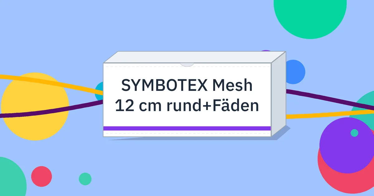 Symbolbild: Packung mit der Aufschrift SYMBOTEX Mesh 12 cm rund+Fäden (PZN 10631032) – Verfügbarkeit und Bezug in Apotheken in Frankfurt am Main