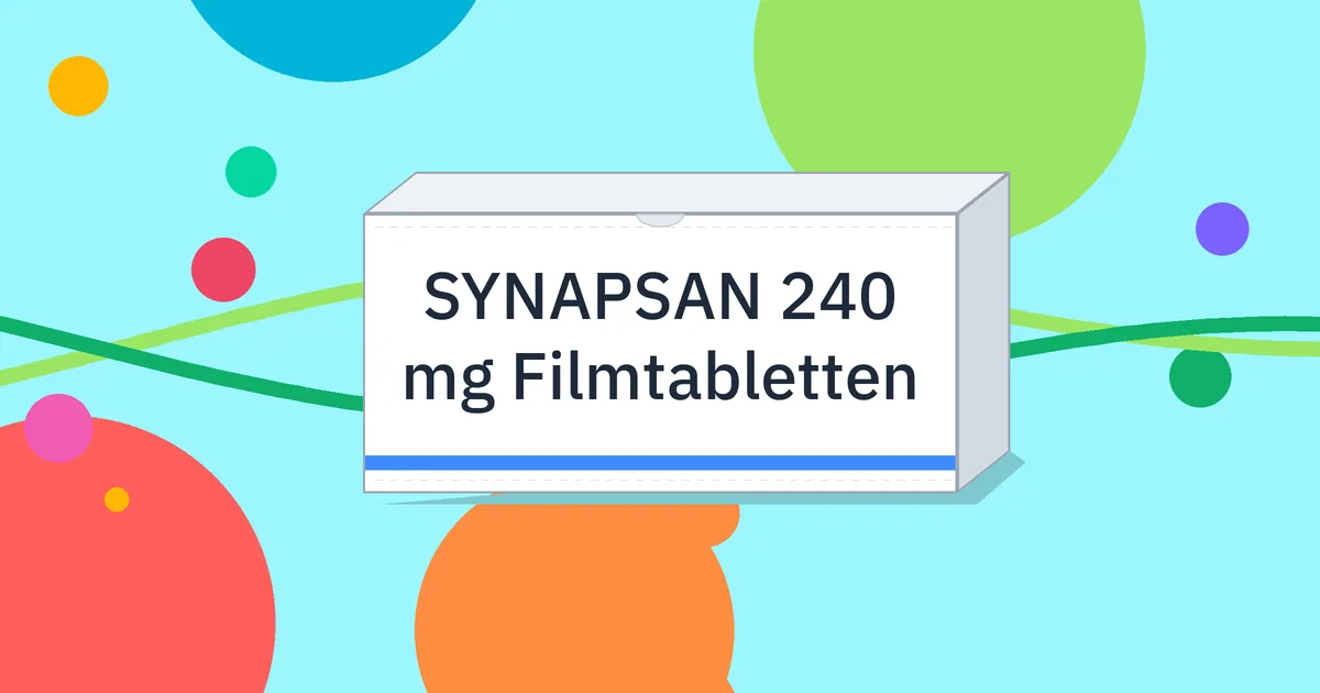 Symbolbild: Packung mit der Aufschrift SYNAPSAN 240 mg Filmtabletten (PZN 18673751) – Verfügbarkeit und Bezug in Apotheken in Frankfurt am Main