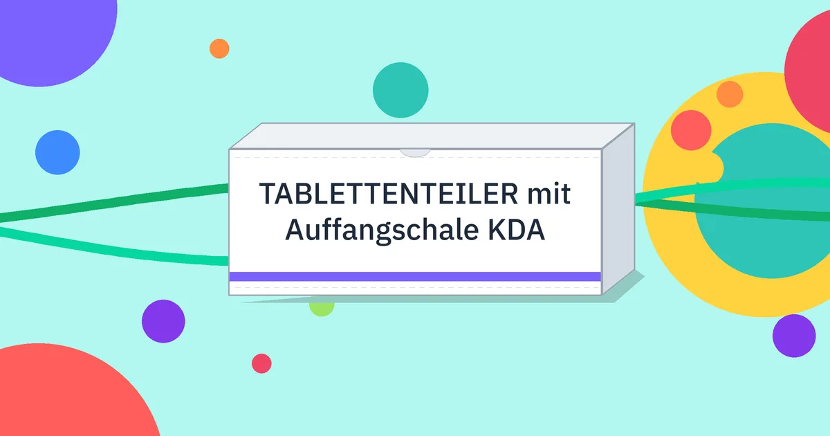 Symbolbild: Packung mit der Aufschrift TABLETTENTEILER mit Auffangschale KDA (PZN 10273006) – Verfügbarkeit und Bezug in Apotheken in Frankfurt am Main