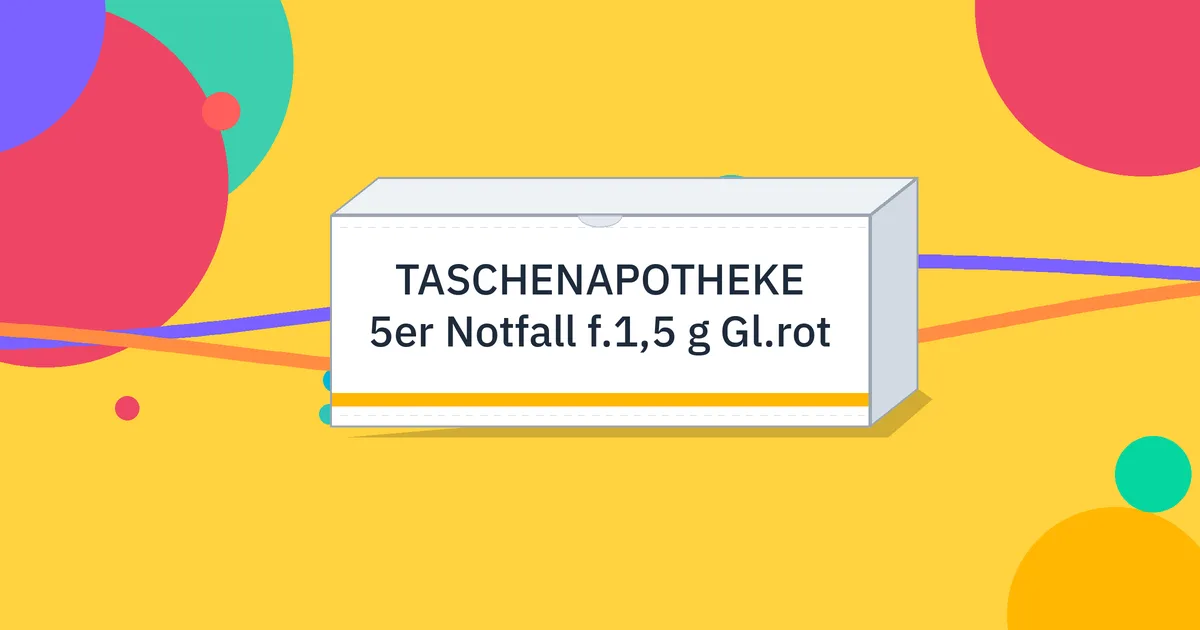 Symbolbild: Packung mit der Aufschrift TASCHENAPOTHEKE 5er Notfall f.1,5 g Gl.rot (PZN 01893744) – Verfügbarkeit und Bezug in Apotheken in Frankfurt am Main