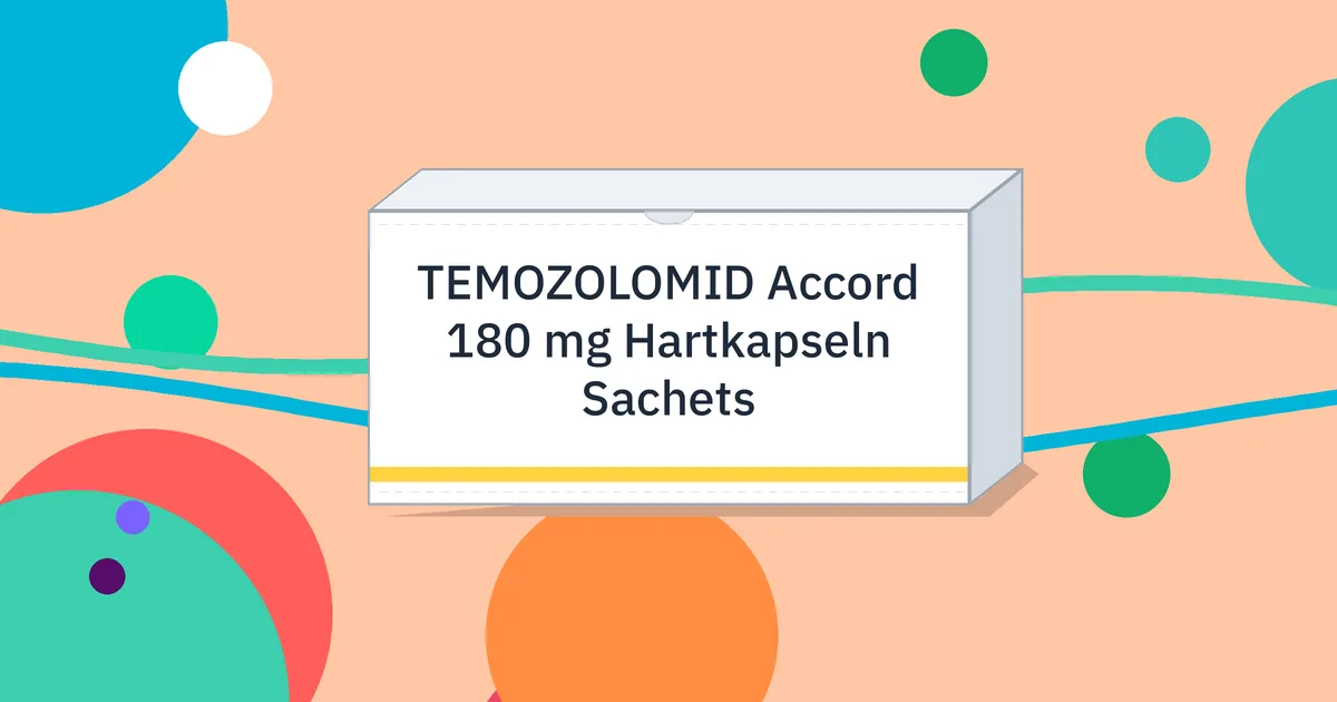 Symbolbild: Packung mit der Aufschrift TEMOZOLOMID Accord 180 mg Hartkapseln Sachets (PZN 11291319) – Verfügbarkeit und Bezug in Apotheken in Frankfurt am Main