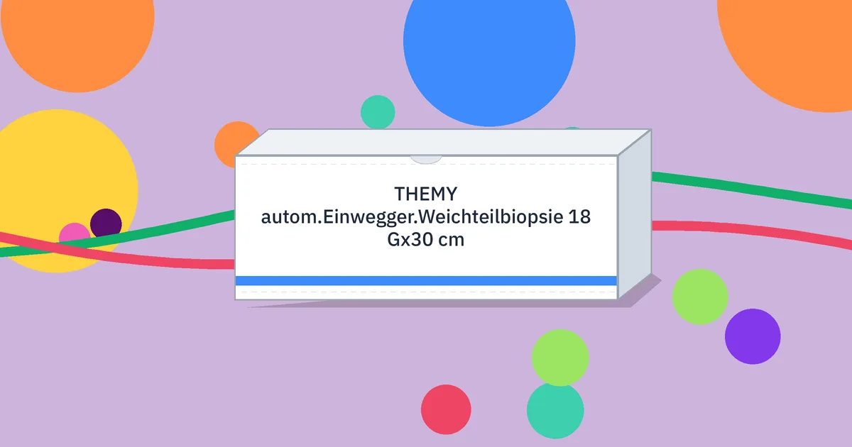 Symbolbild: Packung mit der Aufschrift THEMY autom.Einwegger.Weichteilbiopsie 18 Gx30 cm (PZN 19737499) – Verfügbarkeit und Bezug in Apotheken in Frankfurt am Main