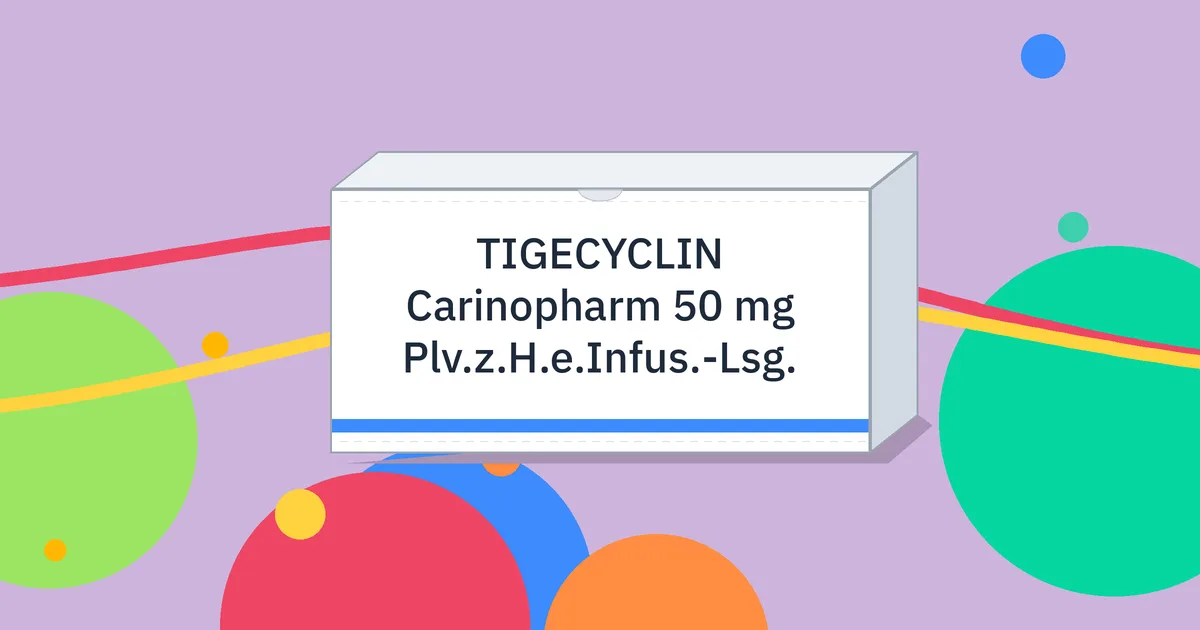 Symbolbild: Packung mit der Aufschrift TIGECYCLIN Carinopharm 50 mg Plv.z.H.e.Infus.-Lsg. (PZN 19637125) – Verfügbarkeit und Bezug in Apotheken in Frankfurt am Main