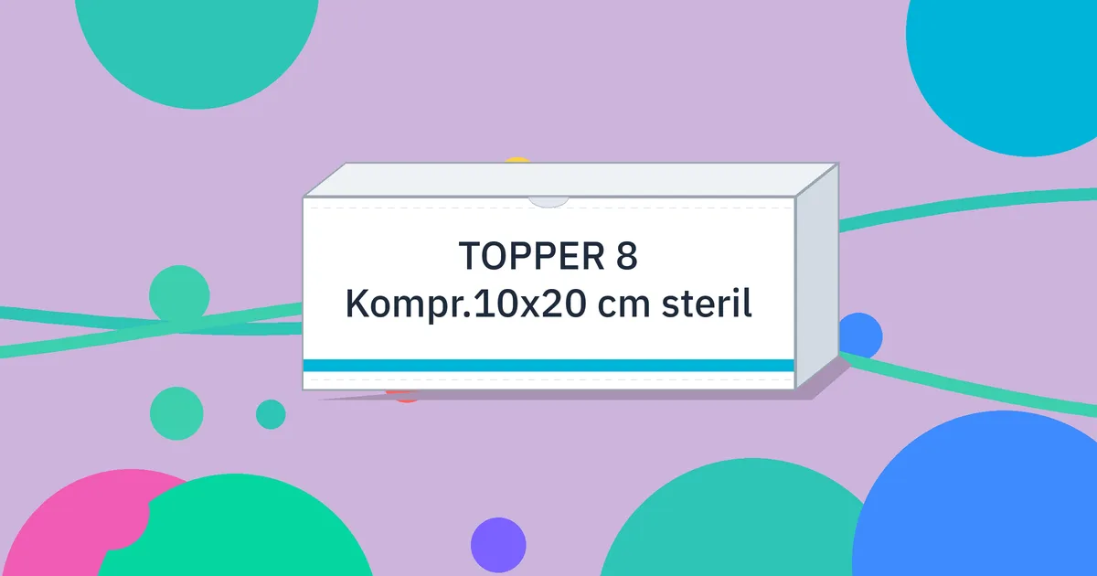 Symbolbild: Packung mit der Aufschrift TOPPER 8 Kompr.10x20 cm steril (PZN 04481143) – Verfügbarkeit und Bezug in Apotheken in Frankfurt am Main