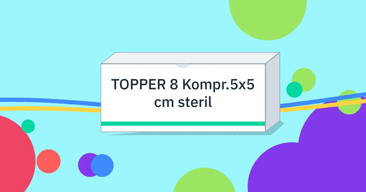 Symbolbild: Packung mit der Aufschrift TOPPER 8 Kompr.5x5 cm steril (PZN 08821245) – Verfügbarkeit und Bezug in Apotheken in Frankfurt am Main