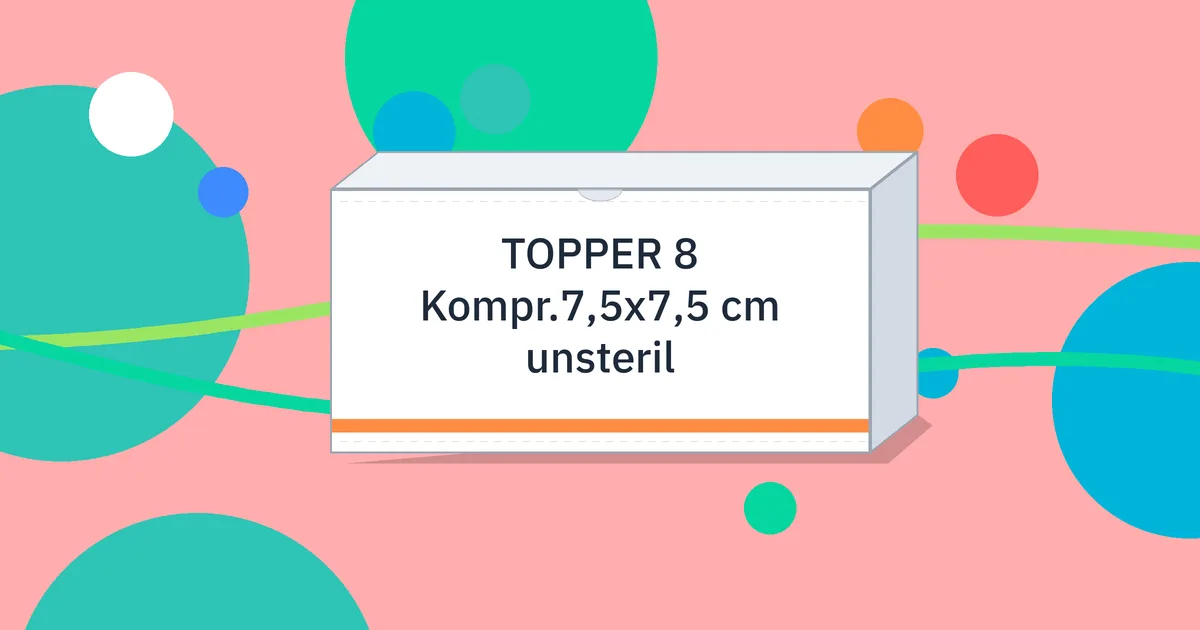 Symbolbild: Packung mit der Aufschrift TOPPER 8 Kompr.7,5x7,5 cm unsteril (PZN 03420470) – Verfügbarkeit und Bezug in Apotheken in Frankfurt am Main