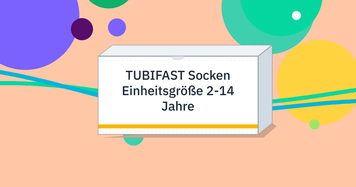 Symbolbild: Packung mit der Aufschrift TUBIFAST Socken Einheitsgröße 2-14 Jahre (PZN 14305499) – Verfügbarkeit und Bezug in Apotheken in Frankfurt am Main