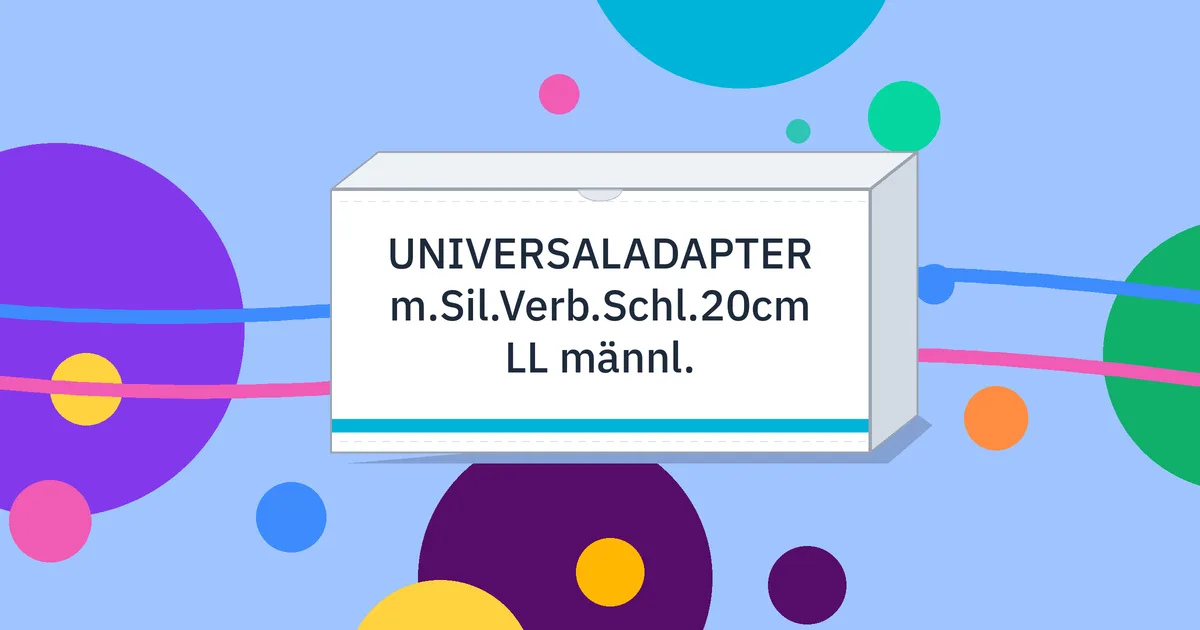 Symbolbild: Packung mit der Aufschrift UNIVERSALADAPTER m.Sil.Verb.Schl.20cm LL männl. (PZN 18306366) – Verfügbarkeit und Bezug in Apotheken in Frankfurt am Main