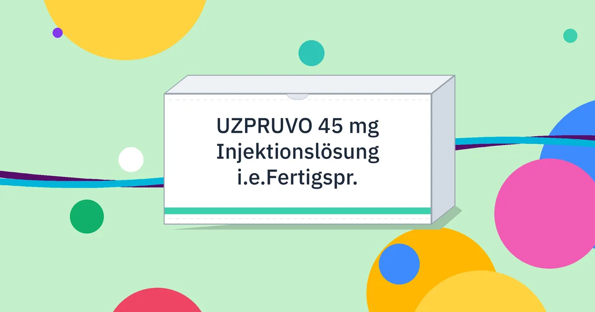 Symbolbild: Packung mit der Aufschrift UZPRUVO 45 mg Injektionslösung i.e.Fertigspr. (PZN 19683964) – Verfügbarkeit und Bezug in Apotheken in Frankfurt am Main