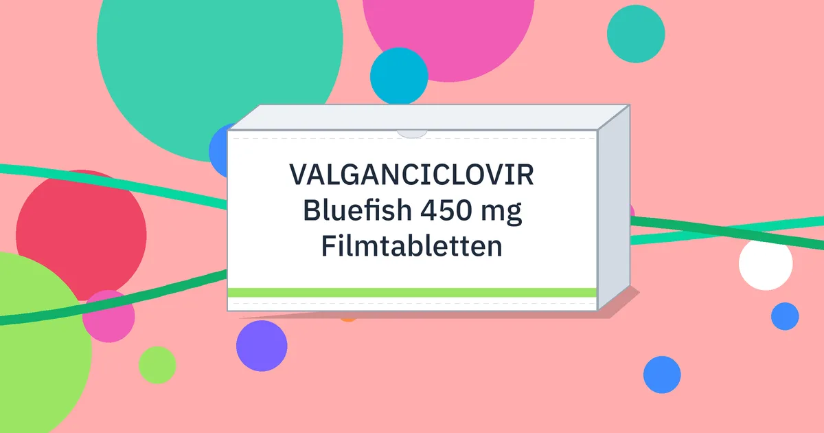 Symbolbild: Packung mit der Aufschrift VALGANCICLOVIR Bluefish 450 mg Filmtabletten (PZN 13725035) – Verfügbarkeit und Bezug in Apotheken in Frankfurt am Main