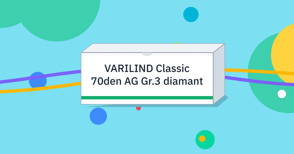 Symbolbild: Packung mit der Aufschrift VARILIND Classic 70den AG Gr.3 diamant (PZN 09521686) – Verfügbarkeit und Bezug in Apotheken in Frankfurt am Main