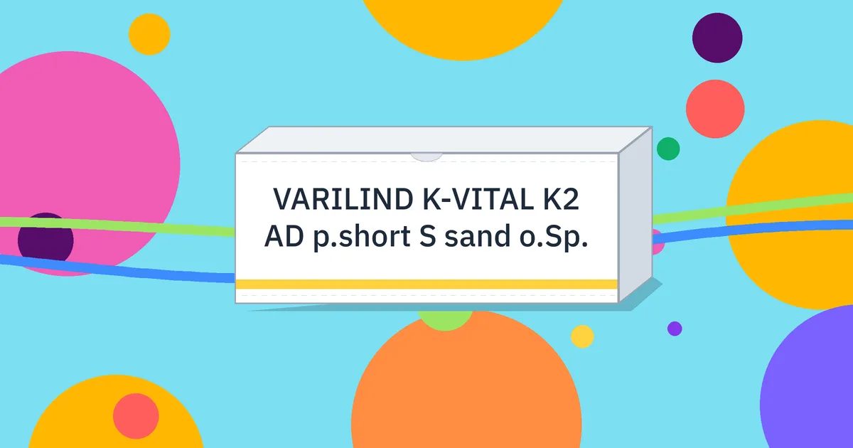 Symbolbild: Packung mit der Aufschrift VARILIND K-VITAL K2 AD p.short S sand o.Sp. (PZN 20567631) – Verfügbarkeit und Bezug in Apotheken in Frankfurt am Main