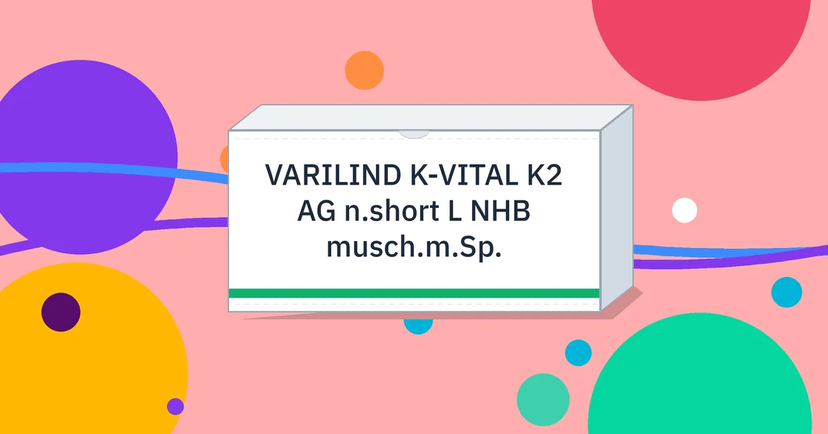 Symbolbild: Packung mit der Aufschrift VARILIND K-VITAL K2 AG n.short L NHB musch.m.Sp. (PZN 20565419) – Verfügbarkeit und Bezug in Apotheken in Frankfurt am Main