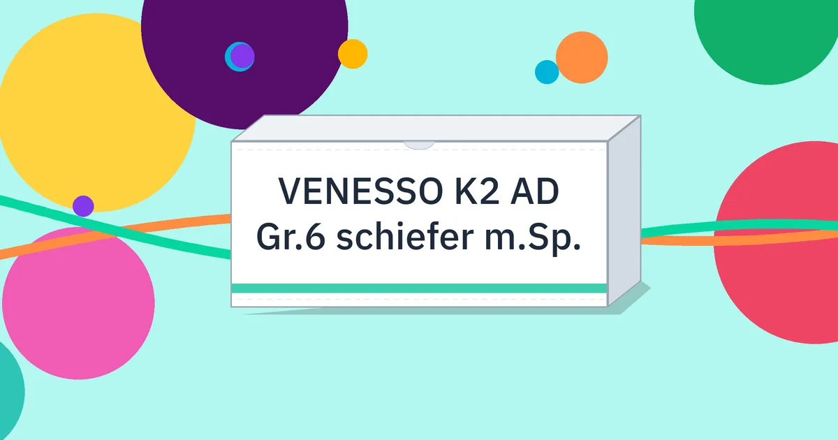 Symbolbild: Packung mit der Aufschrift VENESSO K2 AD Gr.6 schiefer m.Sp. (PZN 03258420) – Verfügbarkeit und Bezug in Apotheken in Frankfurt am Main