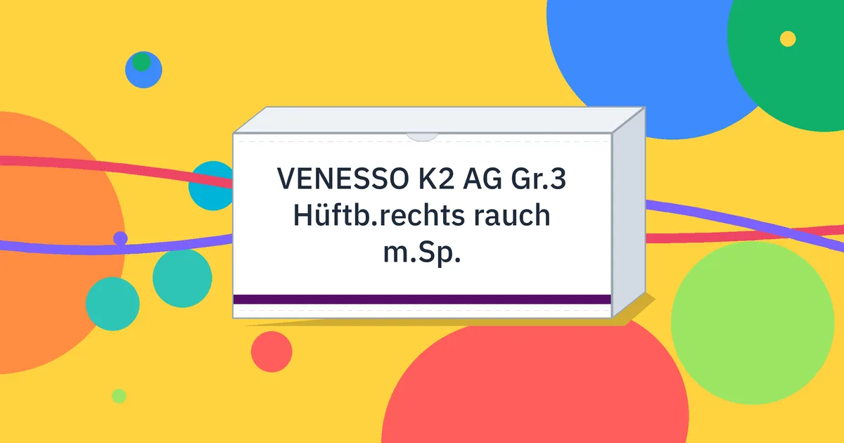 Symbolbild: Packung mit der Aufschrift VENESSO K2 AG Gr.3 Hüftb.rechts rauch m.Sp. (PZN 03273879) – Verfügbarkeit und Bezug in Apotheken in Frankfurt am Main