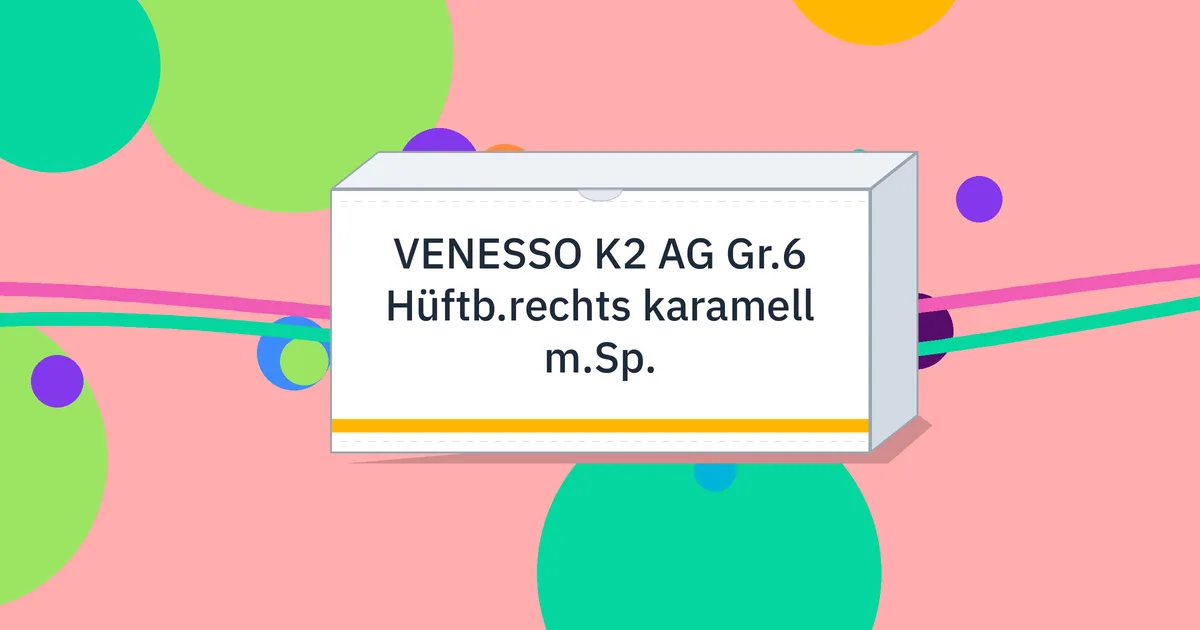 Symbolbild: Packung mit der Aufschrift VENESSO K2 AG Gr.6 Hüftb.rechts karamell m.Sp. (PZN 13761574) – Verfügbarkeit und Bezug in Apotheken in Frankfurt am Main