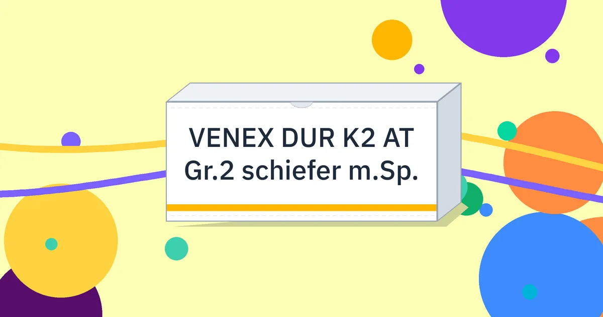 Symbolbild: Packung mit der Aufschrift VENEX DUR K2 AT Gr.2 schiefer m.Sp. (PZN 03222020) – Verfügbarkeit und Bezug in Apotheken in Frankfurt am Main