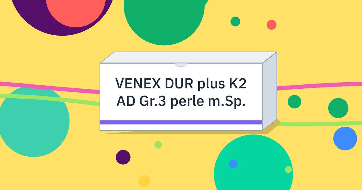 Symbolbild: Packung mit der Aufschrift VENEX DUR plus K2 AD Gr.3 perle m.Sp. (PZN 03233207) – Verfügbarkeit und Bezug in Apotheken in Frankfurt am Main
