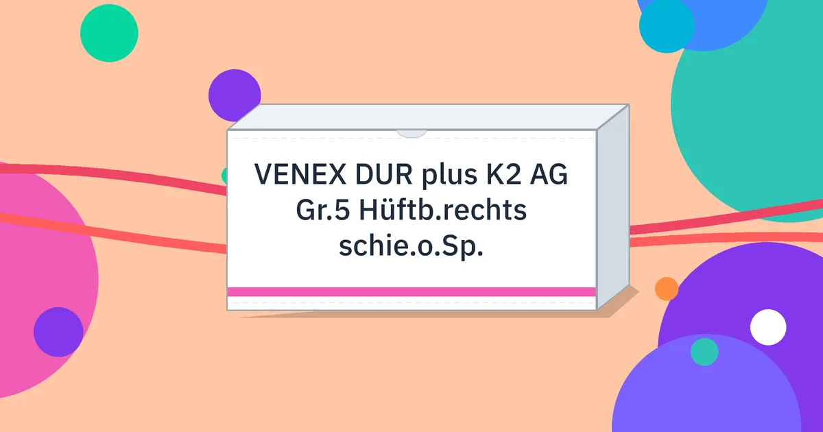 Symbolbild: Packung mit der Aufschrift VENEX DUR plus K2 AG Gr.5 Hüftb.rechts schie.o.Sp. (PZN 03242784) – Verfügbarkeit und Bezug in Apotheken in Frankfurt am Main