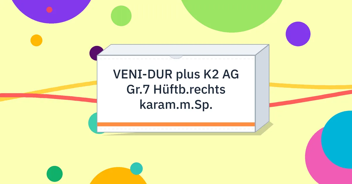 Symbolbild: Packung mit der Aufschrift VENI-DUR plus K2 AG Gr.7 Hüftb.rechts karam.m.Sp. (PZN 13760729) – Verfügbarkeit und Bezug in Apotheken in Frankfurt am Main